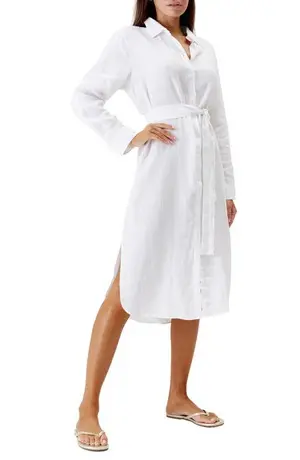 Melissa Odabash Dania Long Sleeve Linen Shirt Dress - White