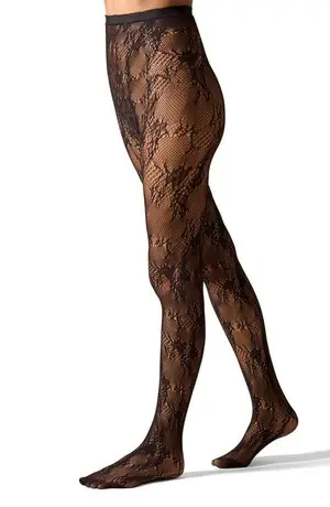MEMOI Floral Net Sheer Tights - Black