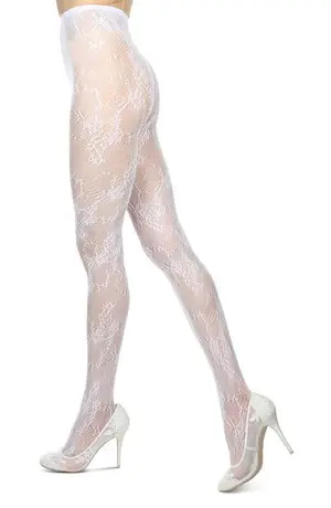 MEMOI Floral Net Sheer Tights - White