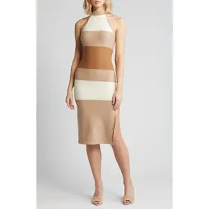 Bebe High Neck Colorblock Ribbed Midi Dress