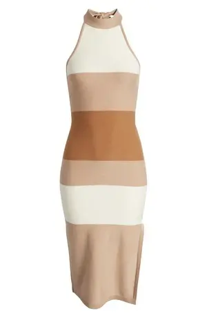 Bebe High Neck Colorblock Ribbed Midi Dress