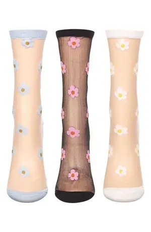 MEMOI Daisy Assorted 3-pack Sheer Crew Socks