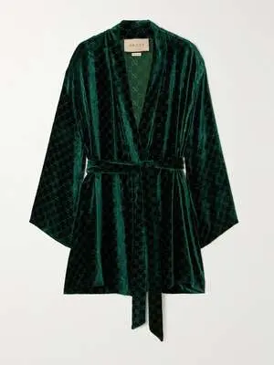 Gucci Belted Devoré-velvet Robe Dark Green