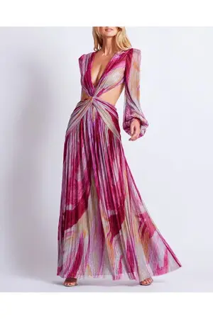 knee length dresses for ladies Aura Metallic Plunge Maxi Dress – PatBO main image 1