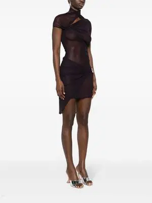 Coperni Asymmetric Sheer Mesh Mini Dress - Purple