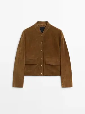 Massimo Dutti Suede Leather Bomber Jacket With Gold Snap Buttons