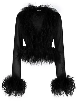 Oseree Lumière Feather-trim Shirt - Black