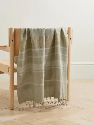 Brunello Cucinelli Fringed Striped Metallic Linen-blend Blanket - Neutrals