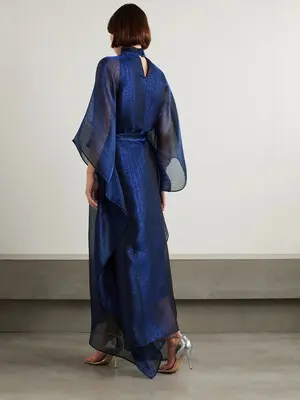 TALLER MARMO Oceano Belted Asymmetric Metallic Organza Turtleneck Gown