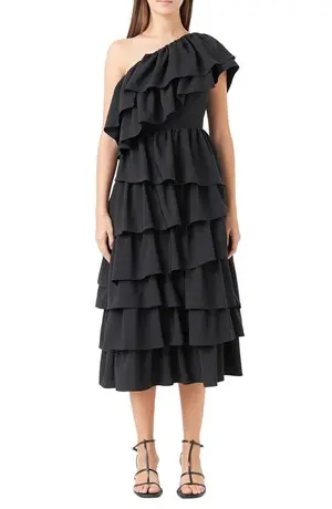 Endless Rose Ruffle One-shoulder Midi Dress - Black