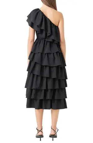 Endless Rose Ruffle One-shoulder Midi Dress - Black