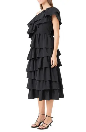 Endless Rose Ruffle One-shoulder Midi Dress - Black