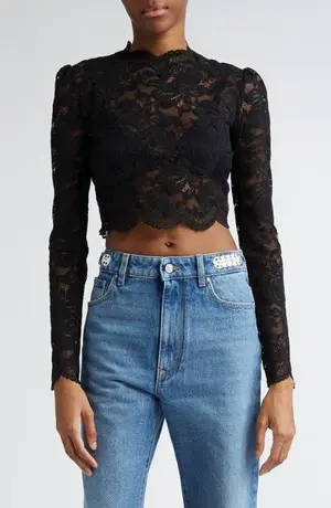 Rabanne Long Sleeve Stretch Lace Crop Top
