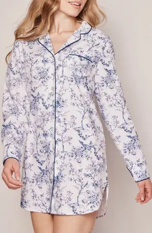 PETITE PLUME Timeless Toile Long Sleeve Nightshirt - White