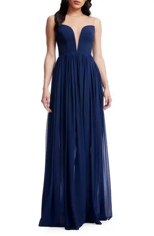 Dress The Population Eleanor Illusion Neck Gown - Navy