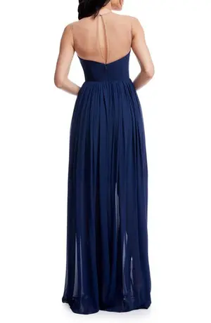 Dress The Population Eleanor Illusion Neck Gown - Navy
