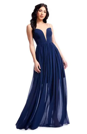 Dress The Population Eleanor Illusion Neck Gown - Navy