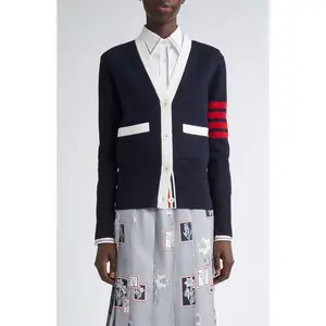 Thom Browne Thom Browne 4-Bar Trim Cotton Cardigan Navy