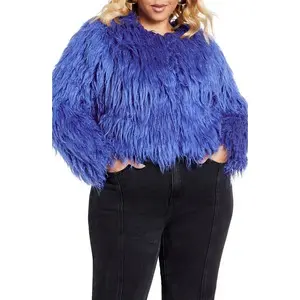 City Chic Blakely Faux Fur Cropped Jacket - Dazzling Blue