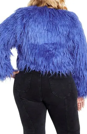 City Chic Blakely Faux Fur Cropped Jacket - Dazzling Blue