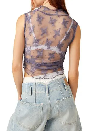 Free People Sheer Lace Tank - Blue Granite