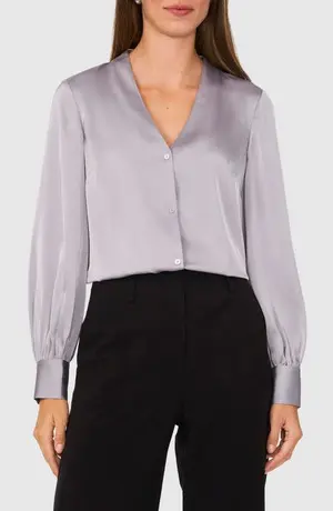 Halogen Collarless Satin Button-up Shirt - Ultimate Grey