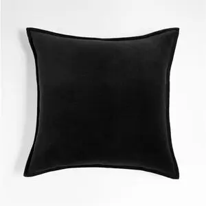 Crate & Barrel 20" Washed Organic Cotton Velvet Pillow With Down-alternative Insert - Black