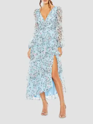 Mac Duggal Floral Chiffon Tiered Midi-dress - Aqua Multi