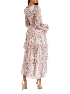 Mac Duggal Floral Chiffon Tiered Midi-dress - Blush Multi