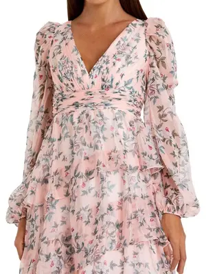 Mac Duggal Floral Chiffon Tiered Midi-dress - Blush Multi