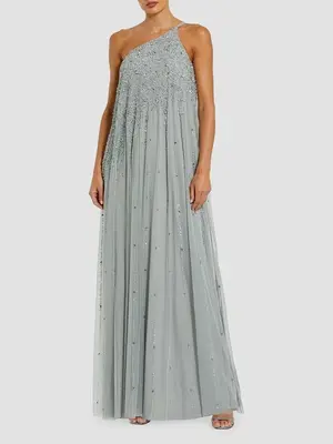 Mac Duggal One-shoulder Beaded Tulle Trapeze Gown - Sage