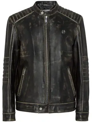 Philipp Plein Distressed Leather Moto Jacket