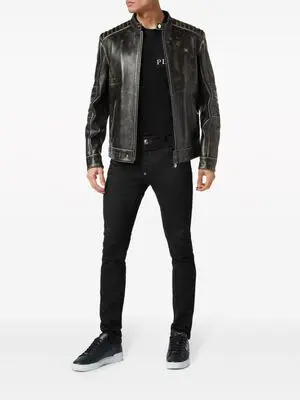 Philipp Plein Distressed Leather Moto Jacket