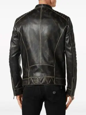 Philipp Plein Distressed Leather Moto Jacket