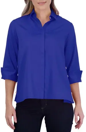 Foxcroft Beatrice Side Button Accent Collared Shirt - Sapphire