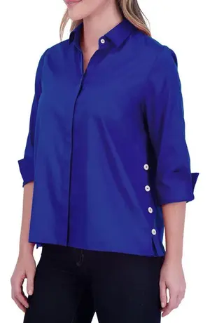 Foxcroft Beatrice Side Button Accent Collared Shirt - Sapphire