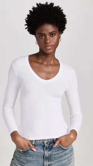 Enza Costa Textured Rib U Tee - White