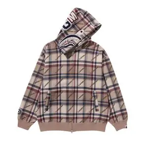 A BATHING APE Logo Check Pattern Shark Full Zip Hoodie 'beige - Tan