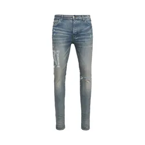 Amiri Distressed Logo Straight Leg Jean - Blue