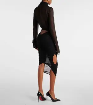 MUGLER Cutout Draped Mesh Midi Skirt