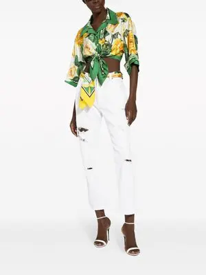 Dolce & Gabbana Rose-print Cropped Silk Shirt