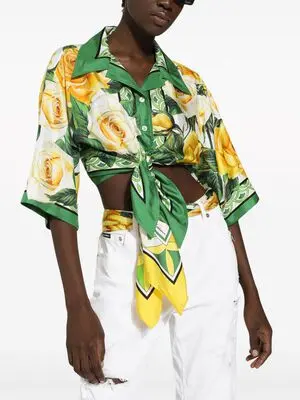 Dolce & Gabbana Rose-print Cropped Silk Shirt