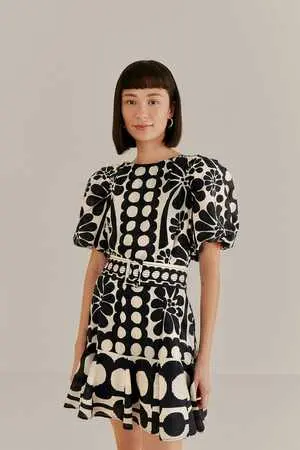 farm rio puff sleeve mini dress Farm Rio Romantic Nature Multicolor V-Neck Puff-Sleeve Mini Dress