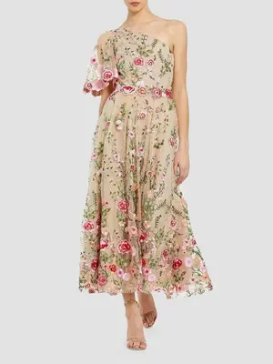 Mac Duggal Floral Embroidered One-shoulder Midi-dress - Pink Multi