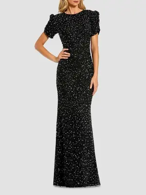 Mac Duggal Beaded Short-sleeve Gown - Black