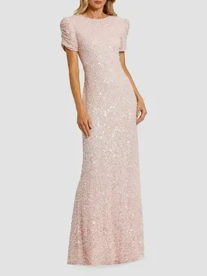 Mac Duggal Beaded Short-sleeve Gown Blush