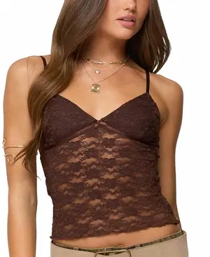 EDIKTED Eira Sheer Lace Tank Top - Brown