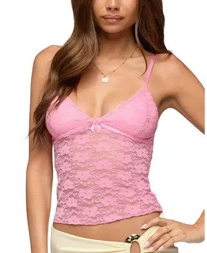 EDIKTED Eira Sheer Lace Tank Top - Dark-pink