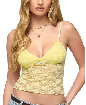 EDIKTED Eira Sheer Lace Tank Top - Yellow