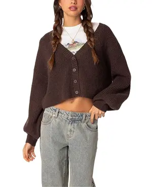EDIKTED Chunky Knit Cropped Cardigan - Brown